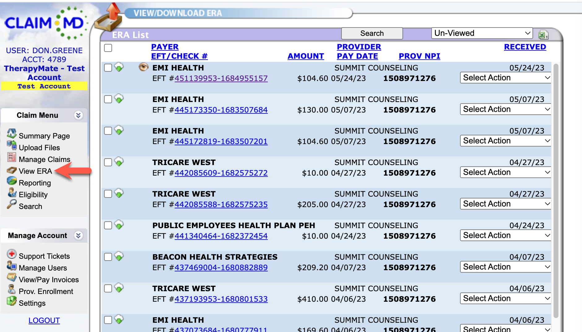 Receiving and viewing ERA (Electronic Remittance Advice) with Claim.MD – TherapyMate