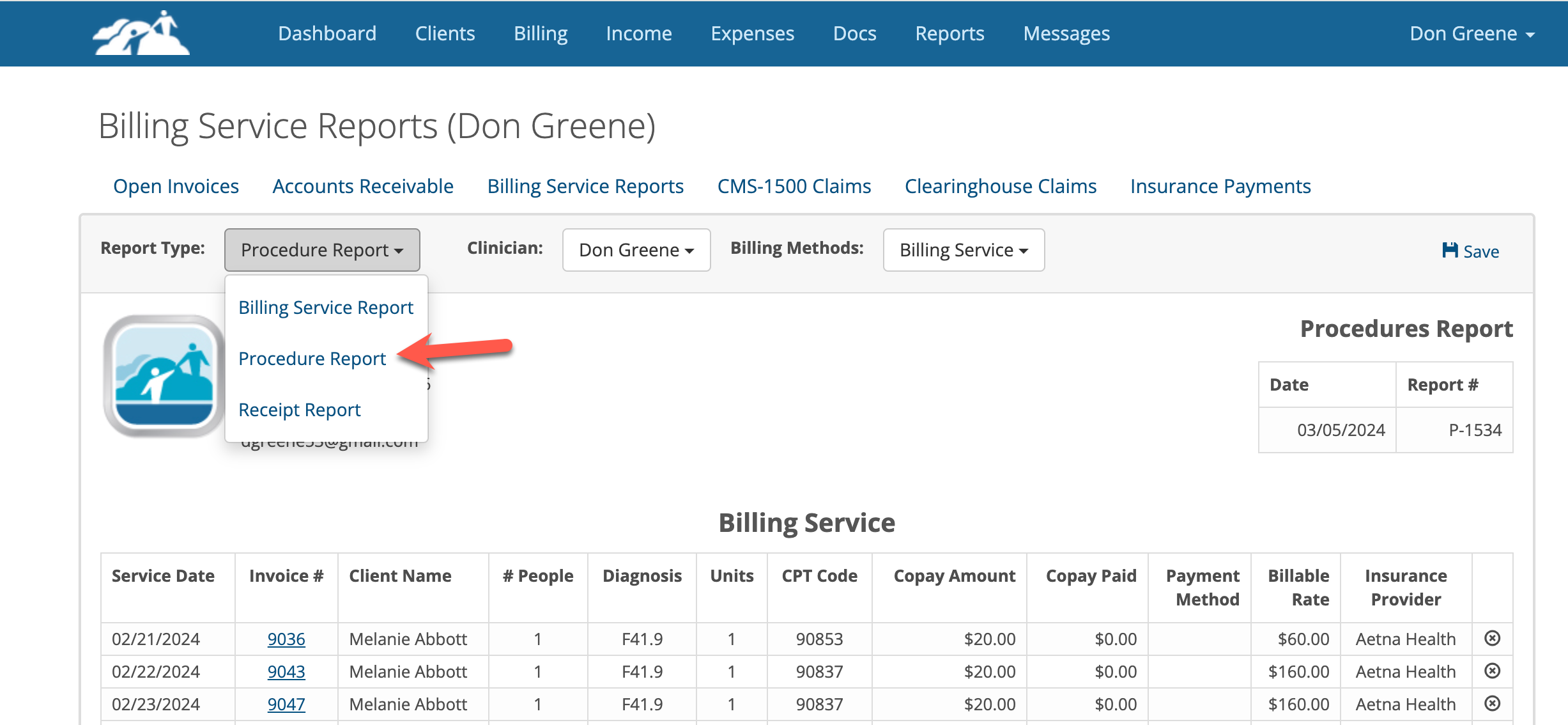 Procedures Report for your Billing Service – TherapyMate