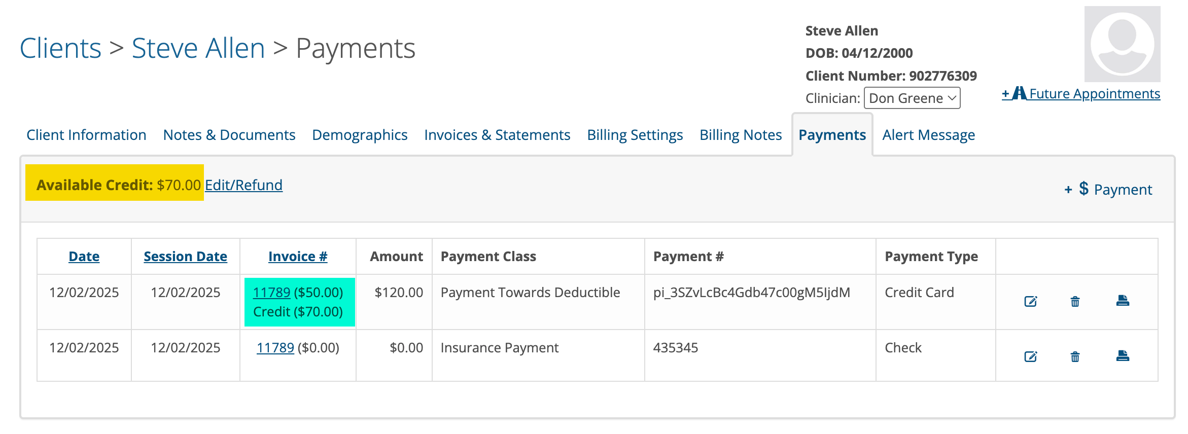 Creating a Client Credit from an Existing Payment – TherapyMate