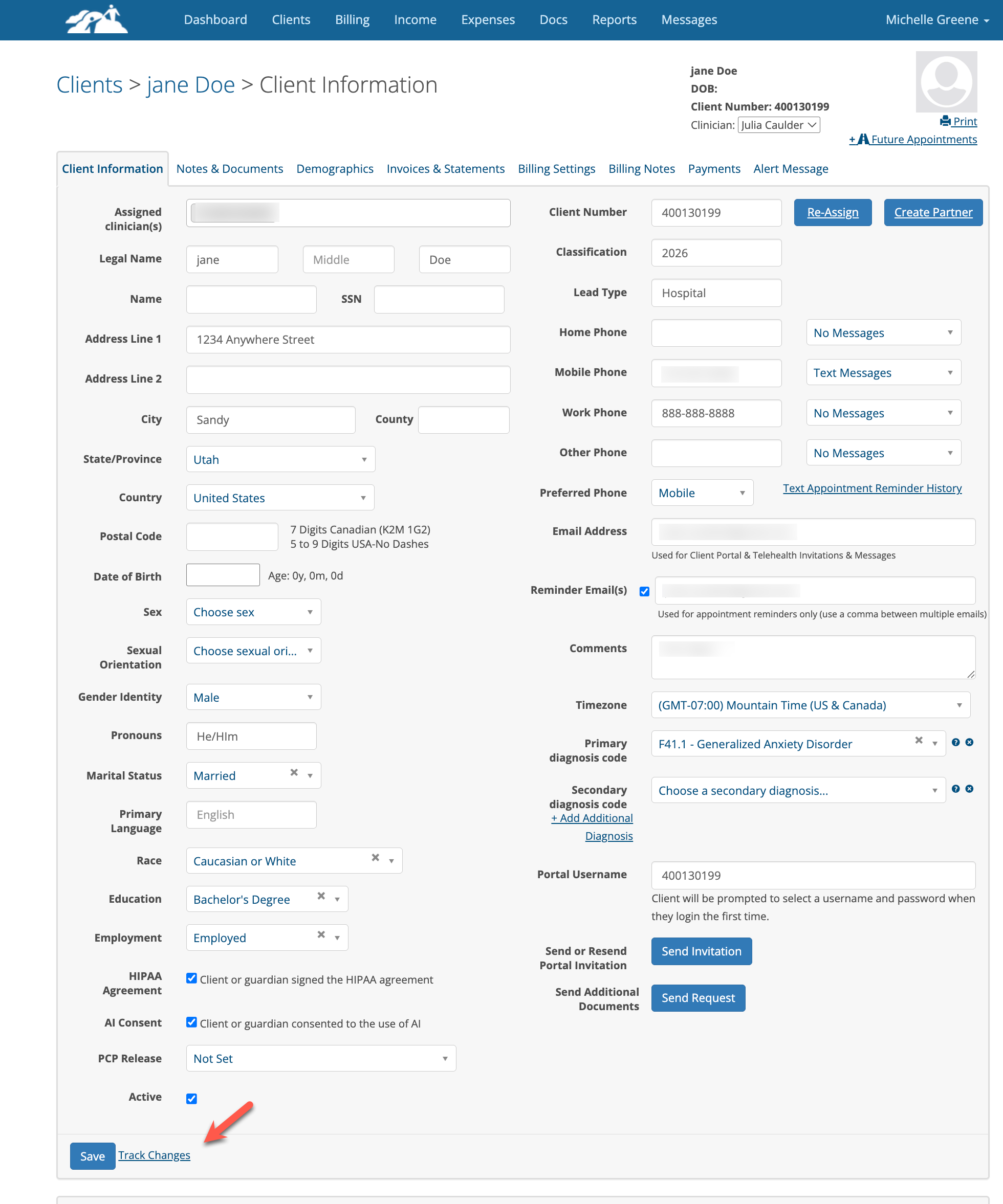 Client Information Page-Track Changes – TherapyMate